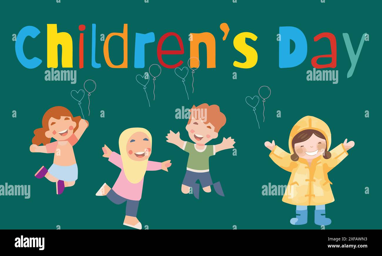 children's Day Background poster with a group of cute kids jumping ...