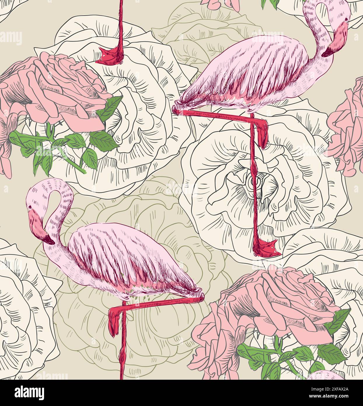 Vector sketch of a flamingo with roses. Hand drawn illustration Stock ...