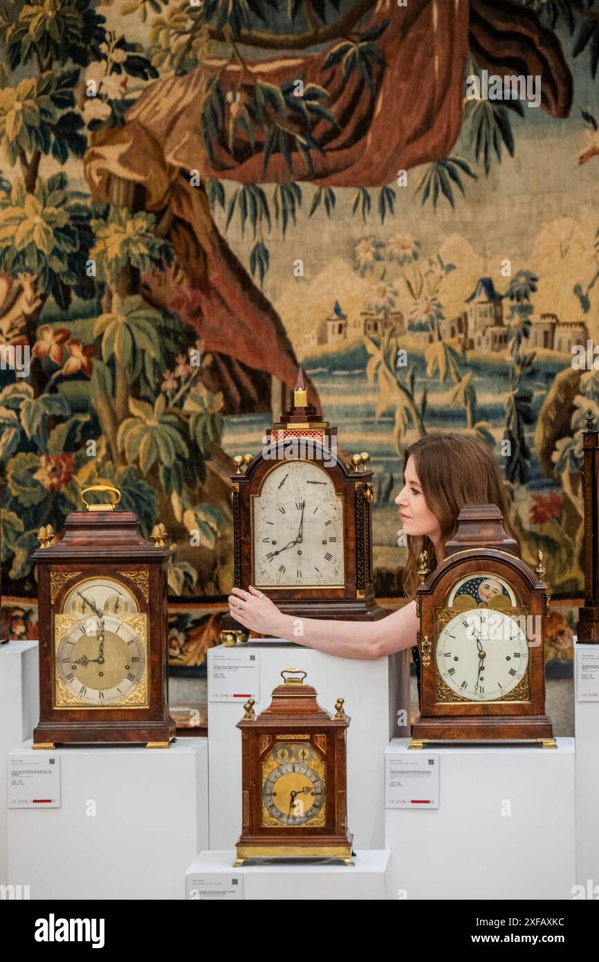 London, UK. 2nd July, 2024. Various clocks including A late 18th ...