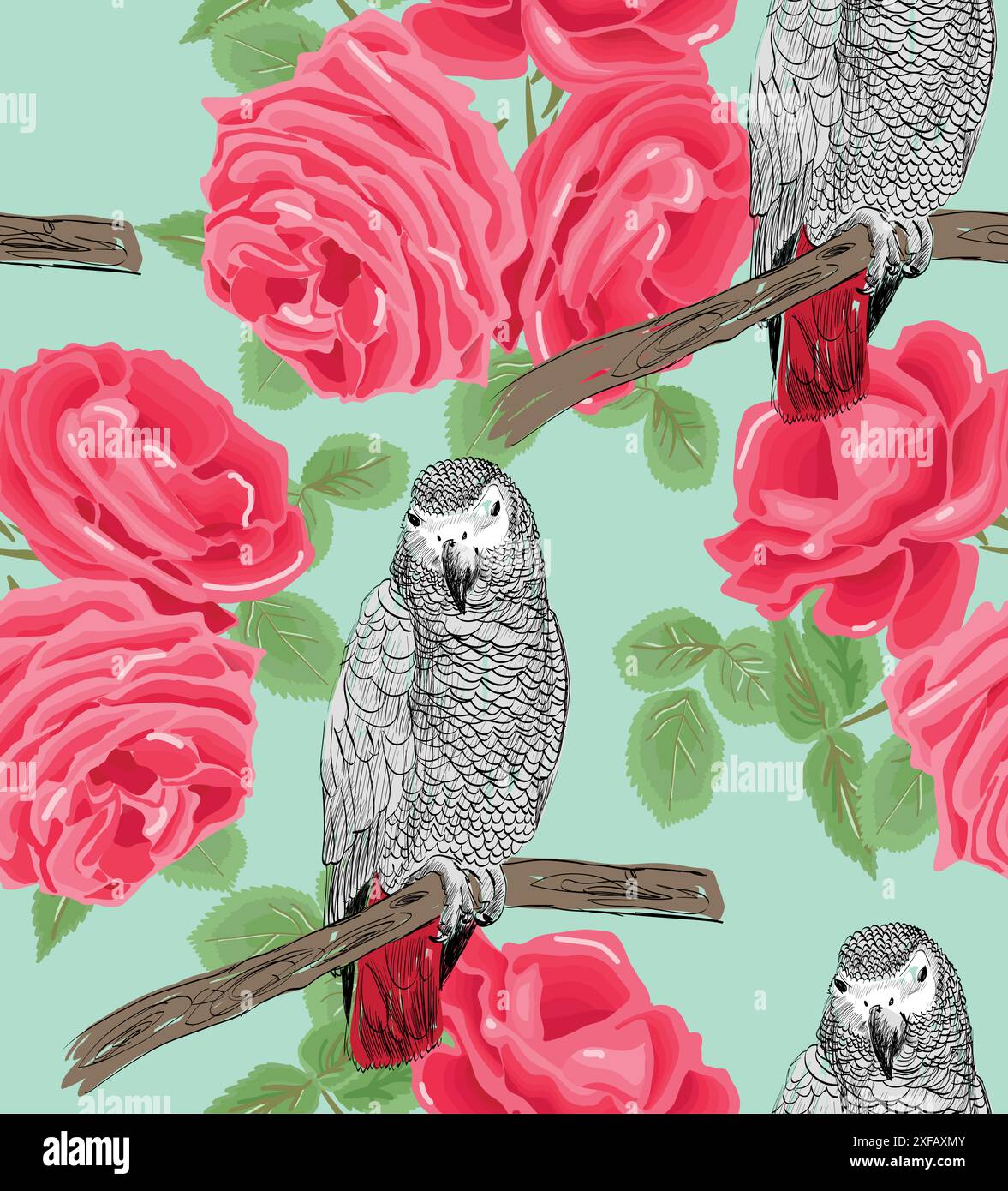 Vector sketch of a parrot with roses. Hand drawn seamless pattern Stock ...