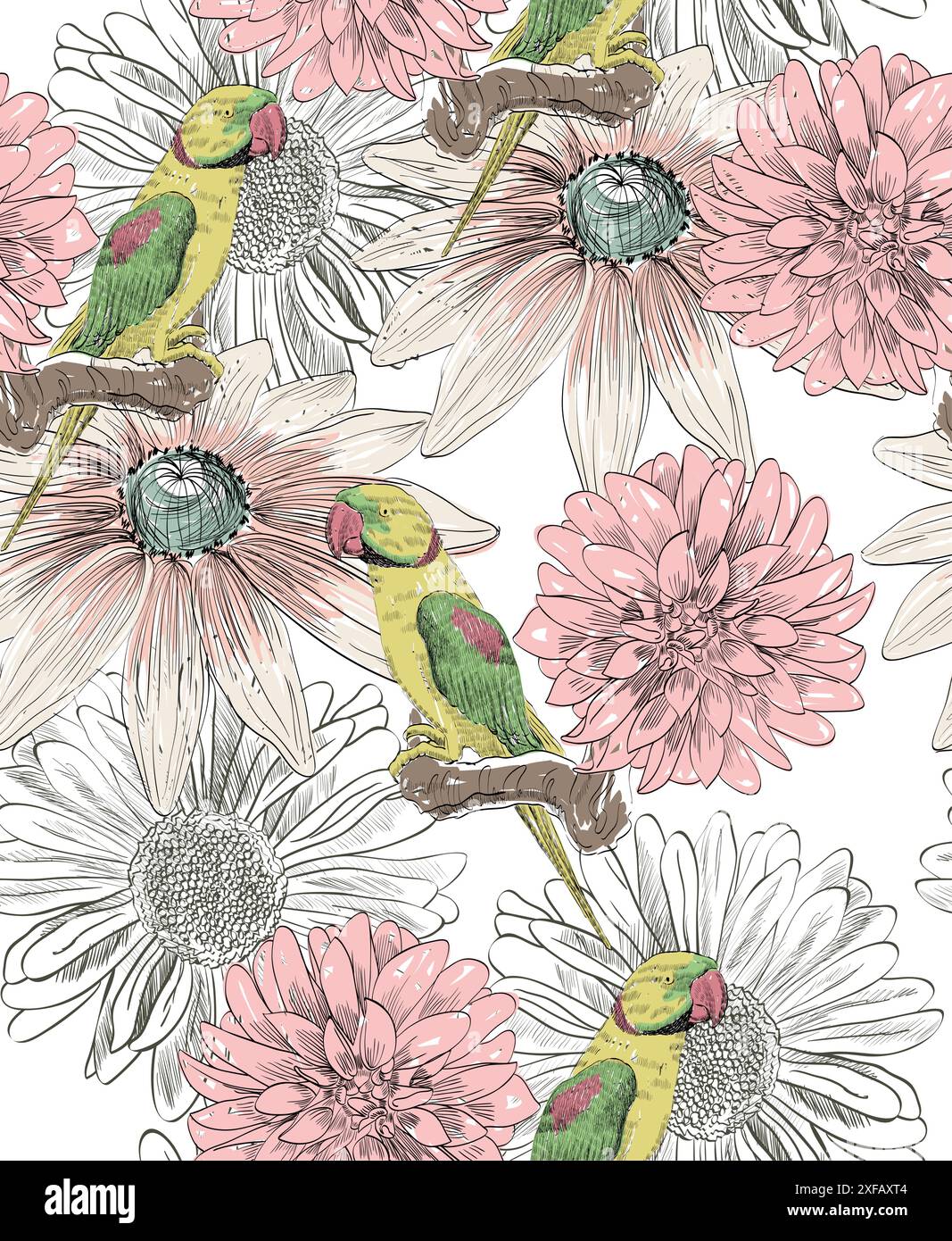 Vector sketch of a parrot with flowers. Hand drawn illustration Stock ...