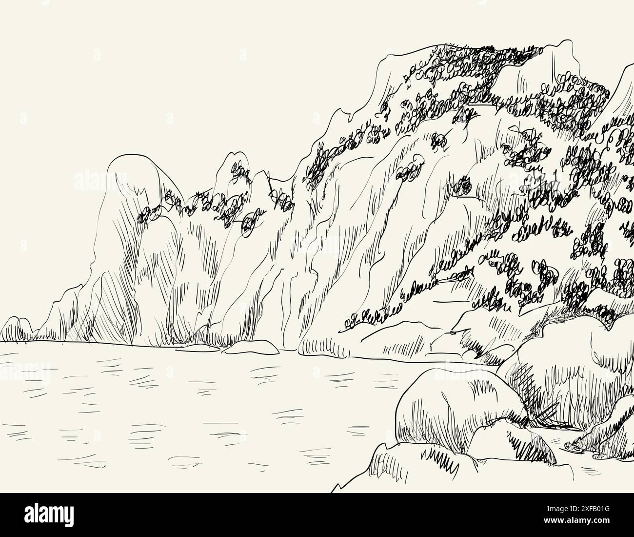 Vector summer seascape sketch. Rocky shore, lapped by the surf Stock ...