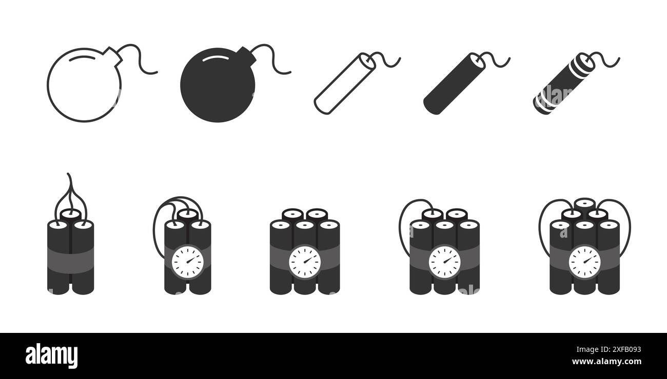 Dynamyte and bomb icon set. Bomb with lit fuse sign collection. Flat ...
