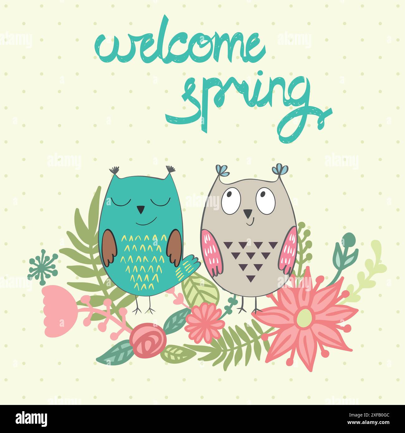 welcome spring. Greeting card with funny owls in vector Stock Vector ...