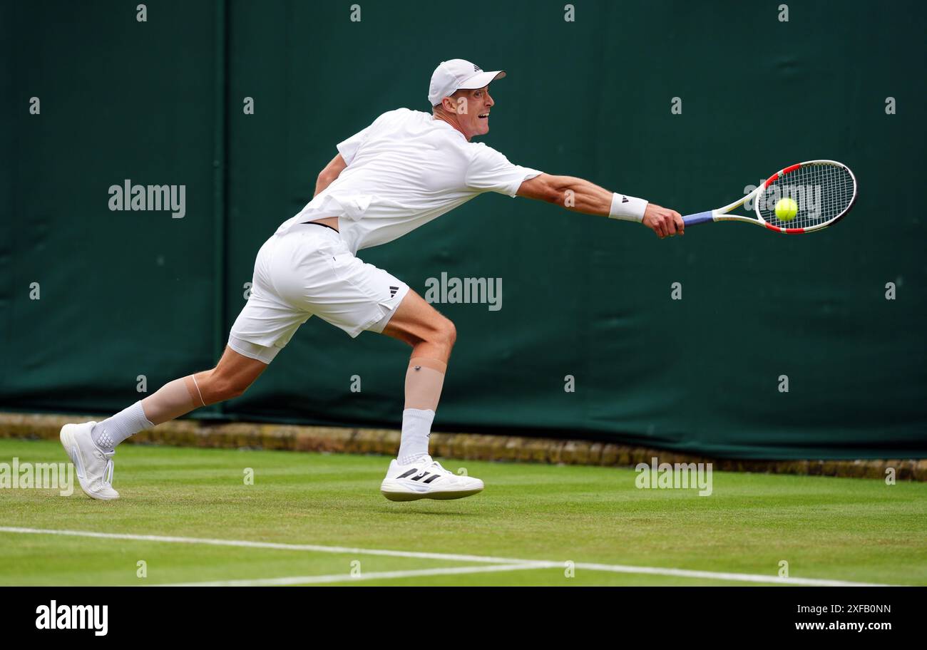 Jan Choinski in action against Luciano Darderi (not pictured) on day ...