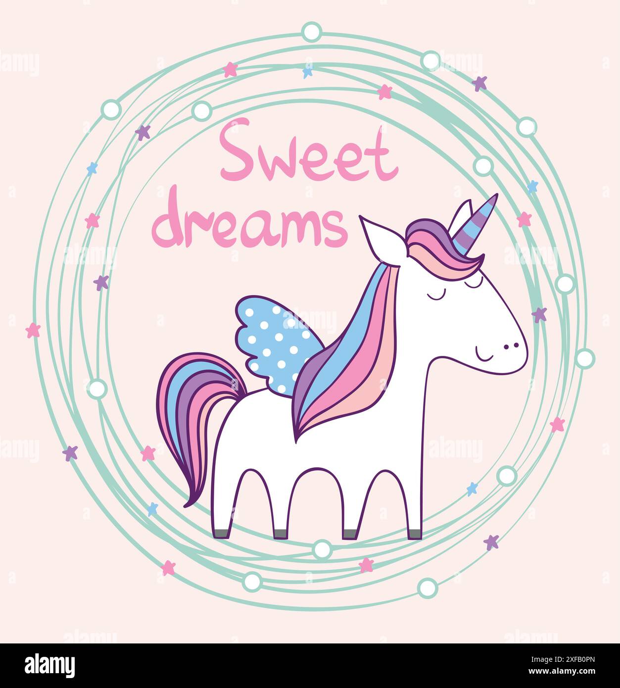 Sleeping Magic cute unicorn. Cute Hand Drawn greeting card Stock Vector ...