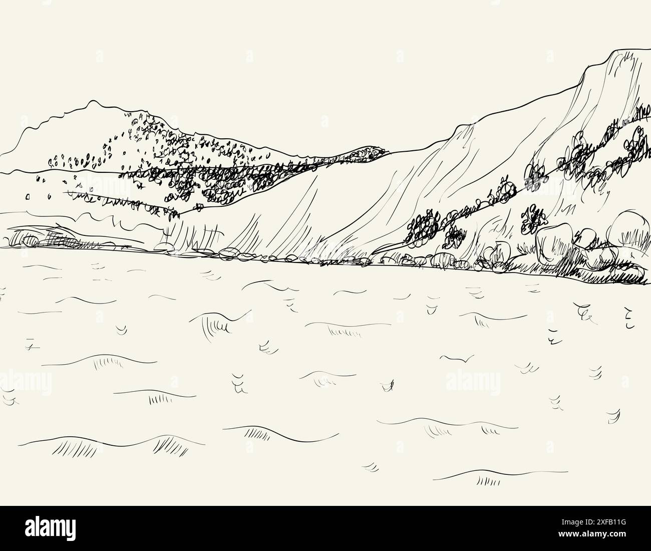 Vector summer seascape sketch. Rocky shore, lapped by the surf Stock ...