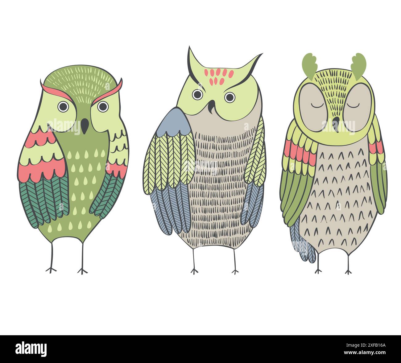 Vector Illustration With Funny Three Owls On White Background Stock
