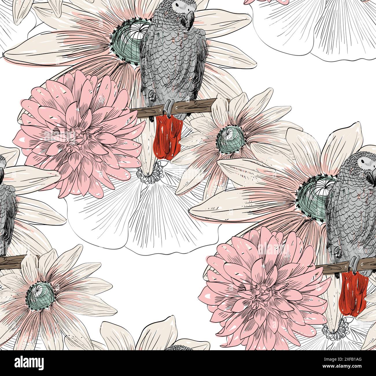 Vector sketch of a parrot with flowers. Hand drawn illustration Stock ...