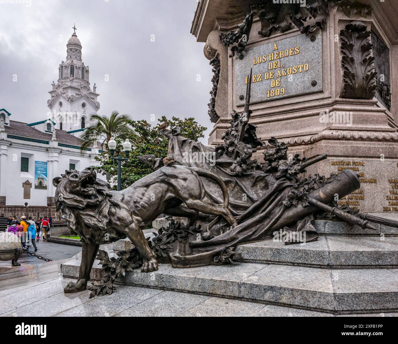 Lion monument in centre of Independence Square or Plaza Grande, Quito ...