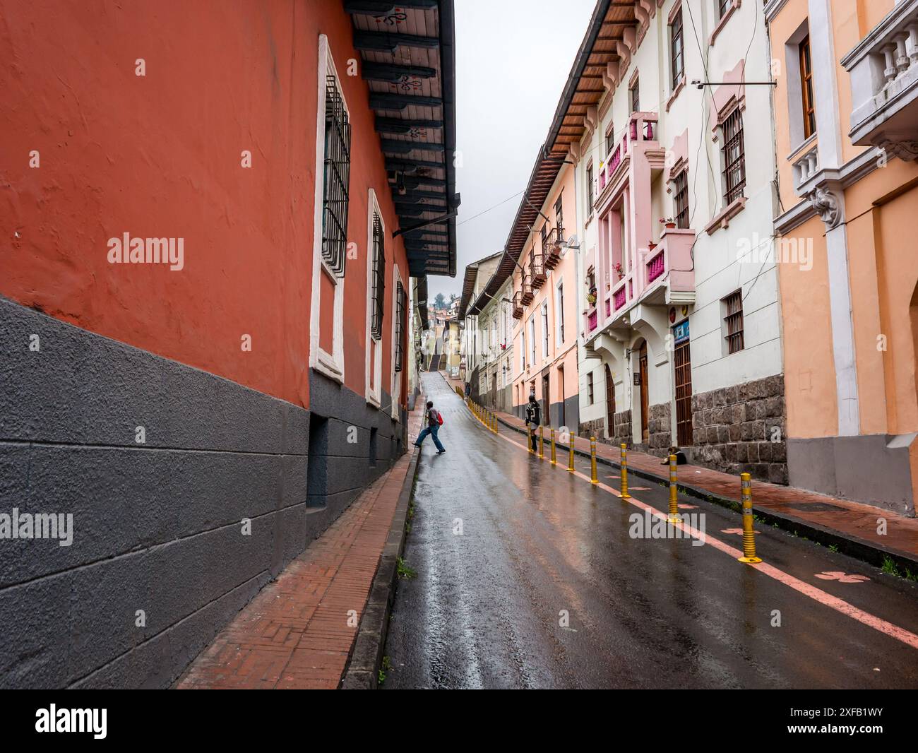 Narrow street with steep steps in rain, Quito Old Town, Ecuador, South ...