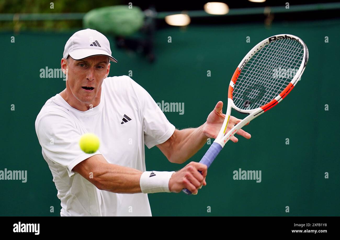 Jan Choinski in action against Luciano Darderi (not pictured) on day ...