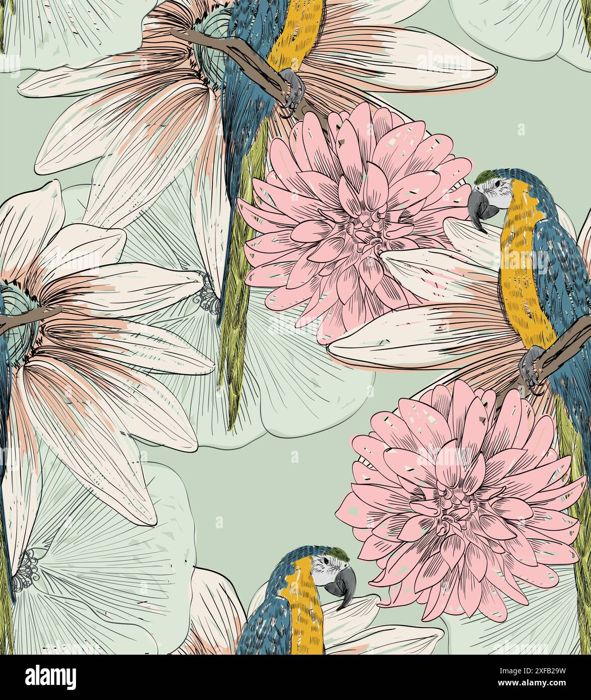 Vector sketch of a parrot with flowers. Hand drawn illustration Stock ...