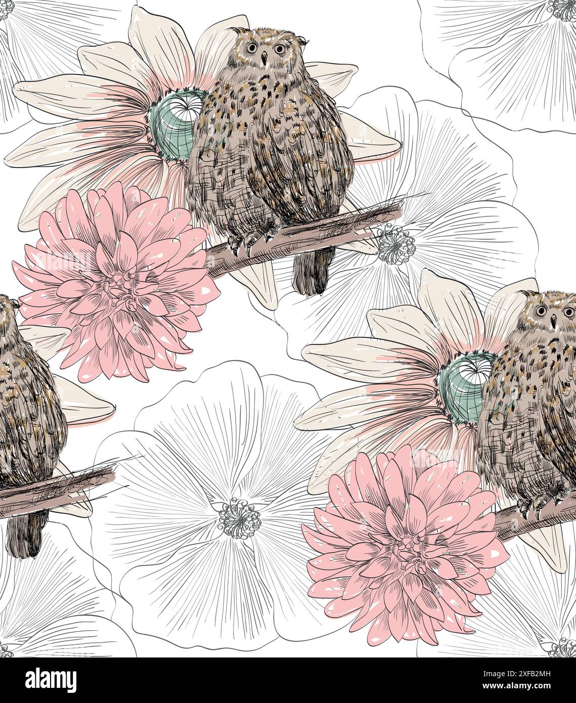 Vector sketch of a owl with flowers. Seamless pattern Stock Vector ...