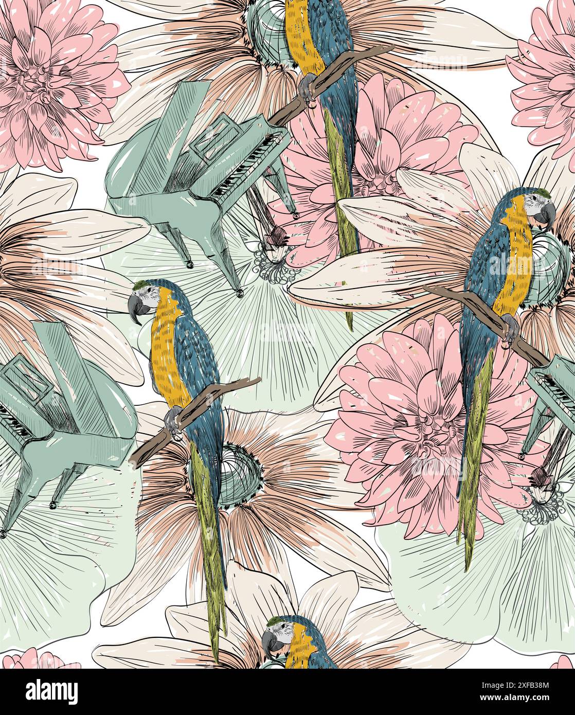 Vector sketch of a parrot with flowers. Hand drawn illustration Stock ...
