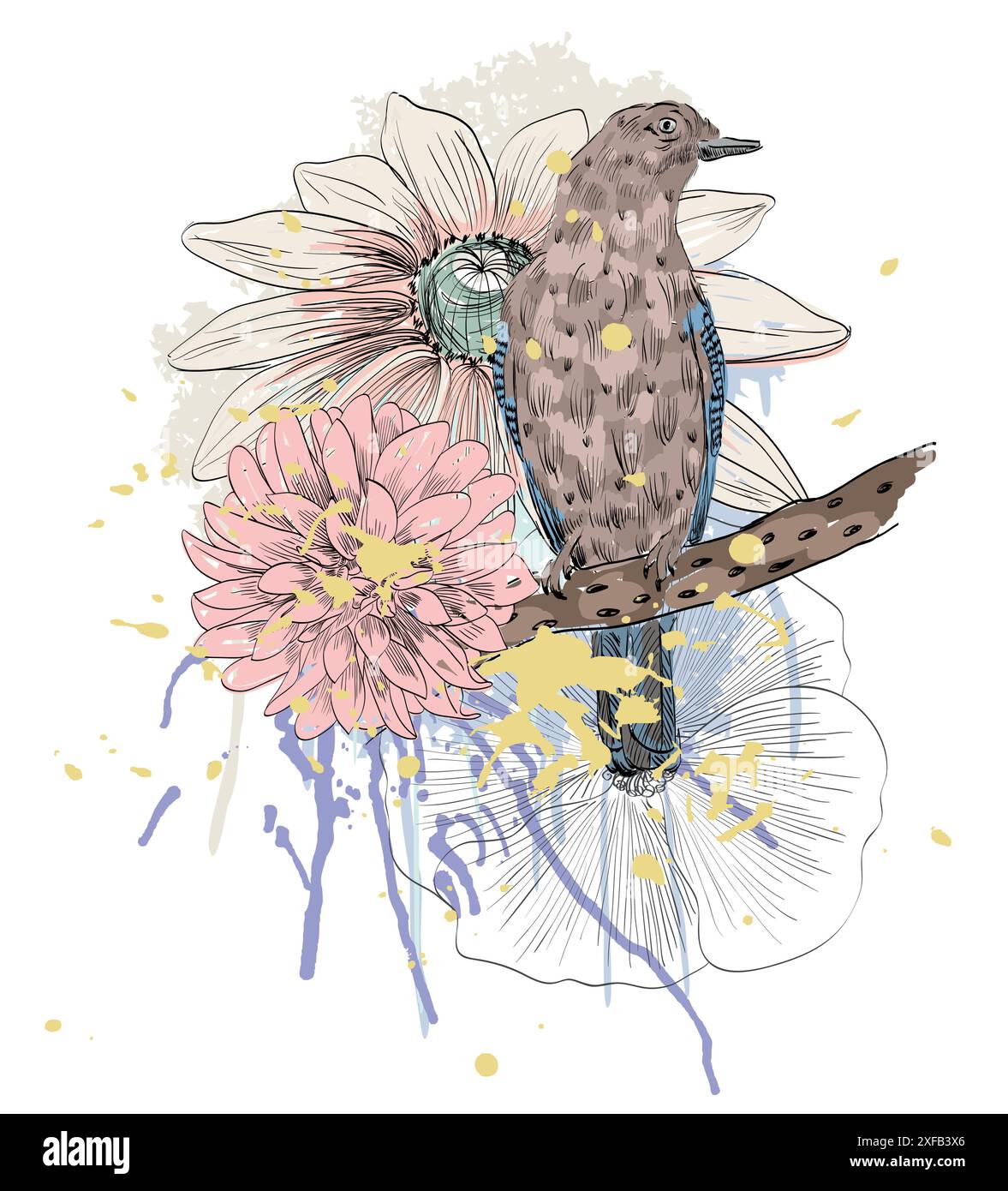 Vector sketch of a bird with flower. Hand drawn illustration Stock ...