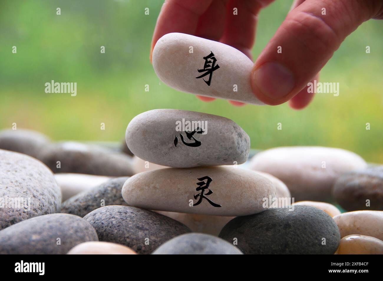 Hand placing Zen stone with body, mind and spirit in Chinese character ...