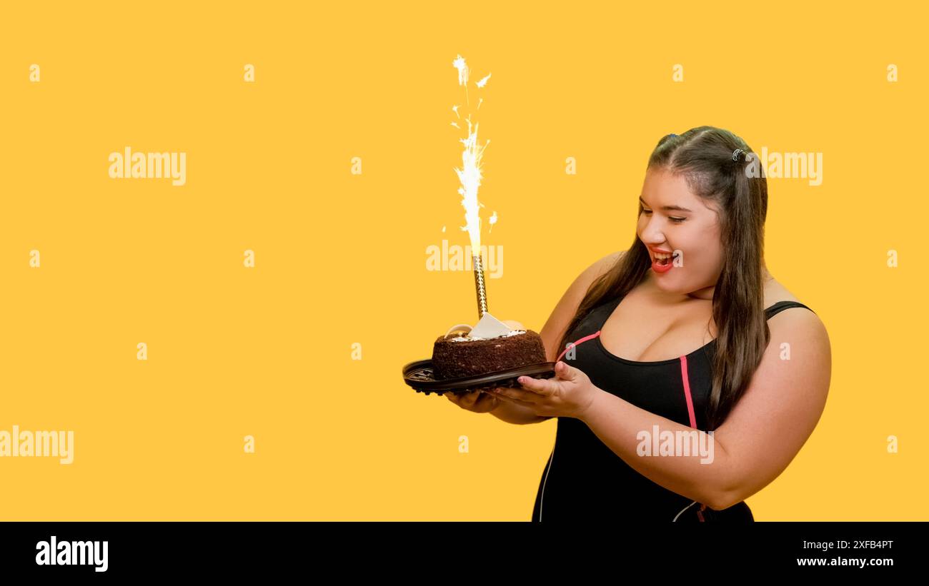 Happy birthday. Sweet gift. Curvy overweight surprised girl joying ...