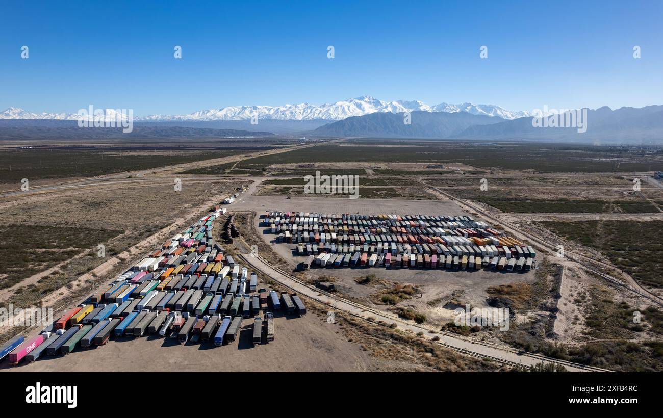 Mendoza, Argentina, July 1, 2024: Aerial view of trucks bound for Chile ...