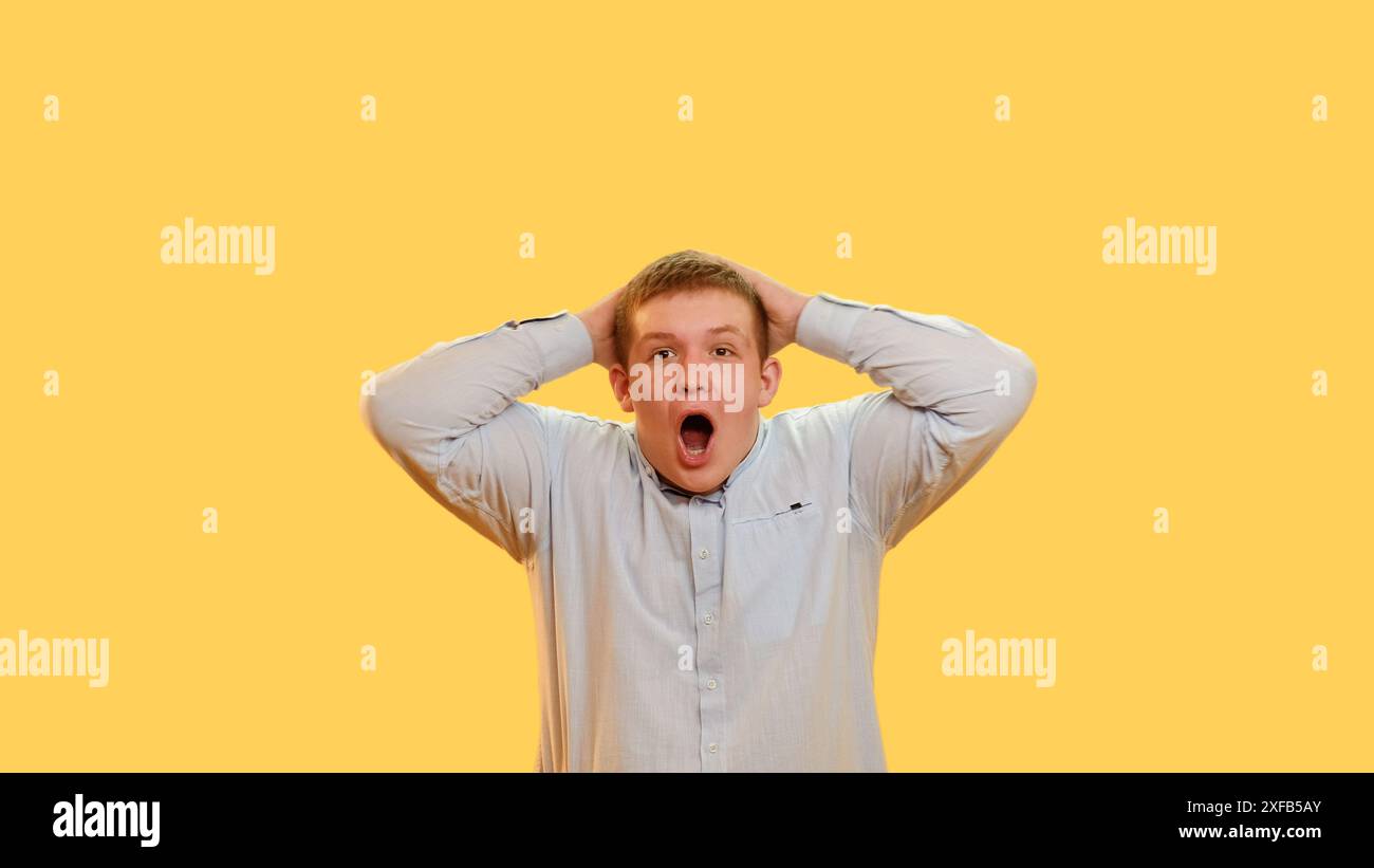 Excited man. Shock scream. Expressive fear face. Plus size overweight ...