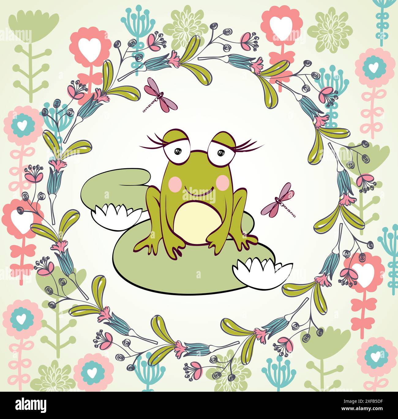 Stylish floral background with cartoon frog in light colors Stock ...