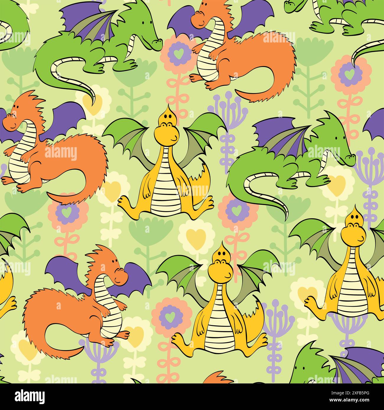Vector background with flowers and cartoon dragons. Seamless pattern ...