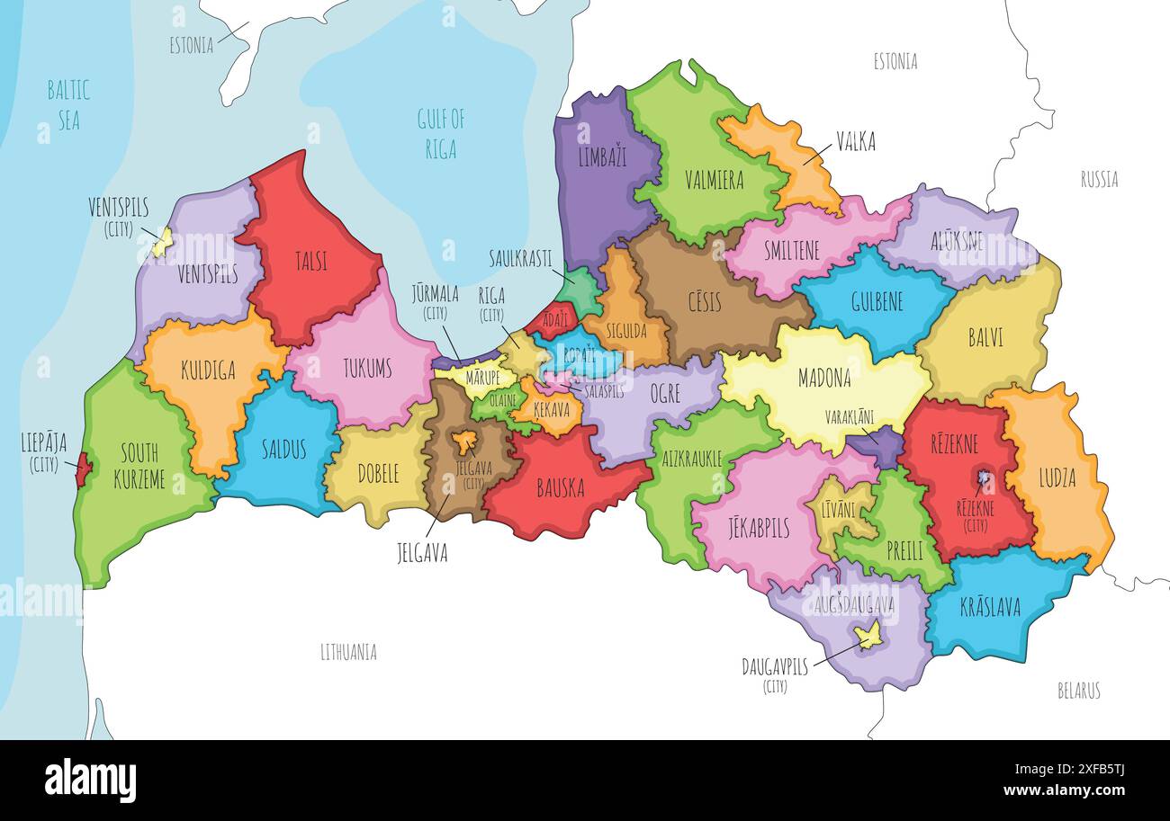 Vector illustrated regional map of Latvia with state cities and municipalities and ...