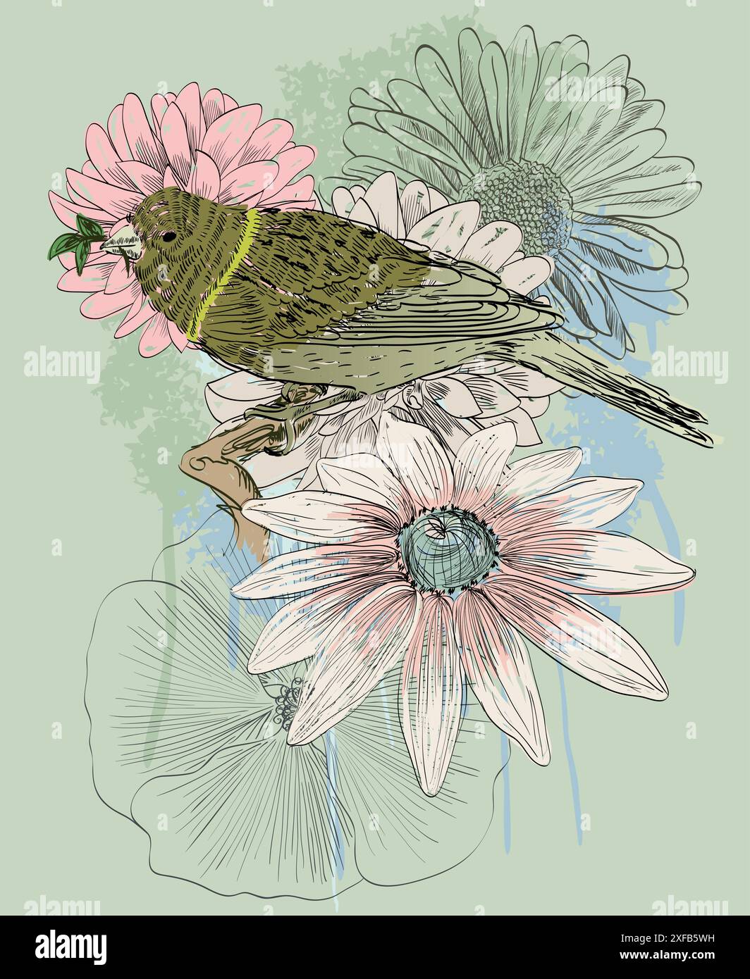 Vector sketch of a bird with flower. Hand drawn illustration Stock ...