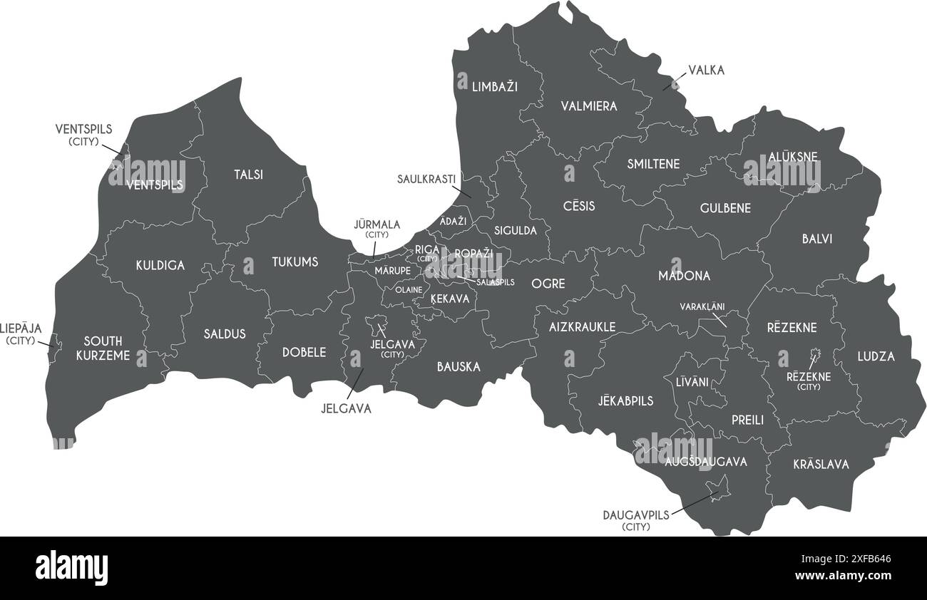 Vector regional map of Latvia with state cities and municipalities, and administrative divisions ...