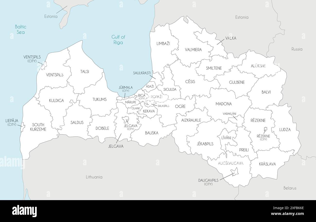 Vector regional map of Latvia with state cities and municipalities and administrative divisions ...