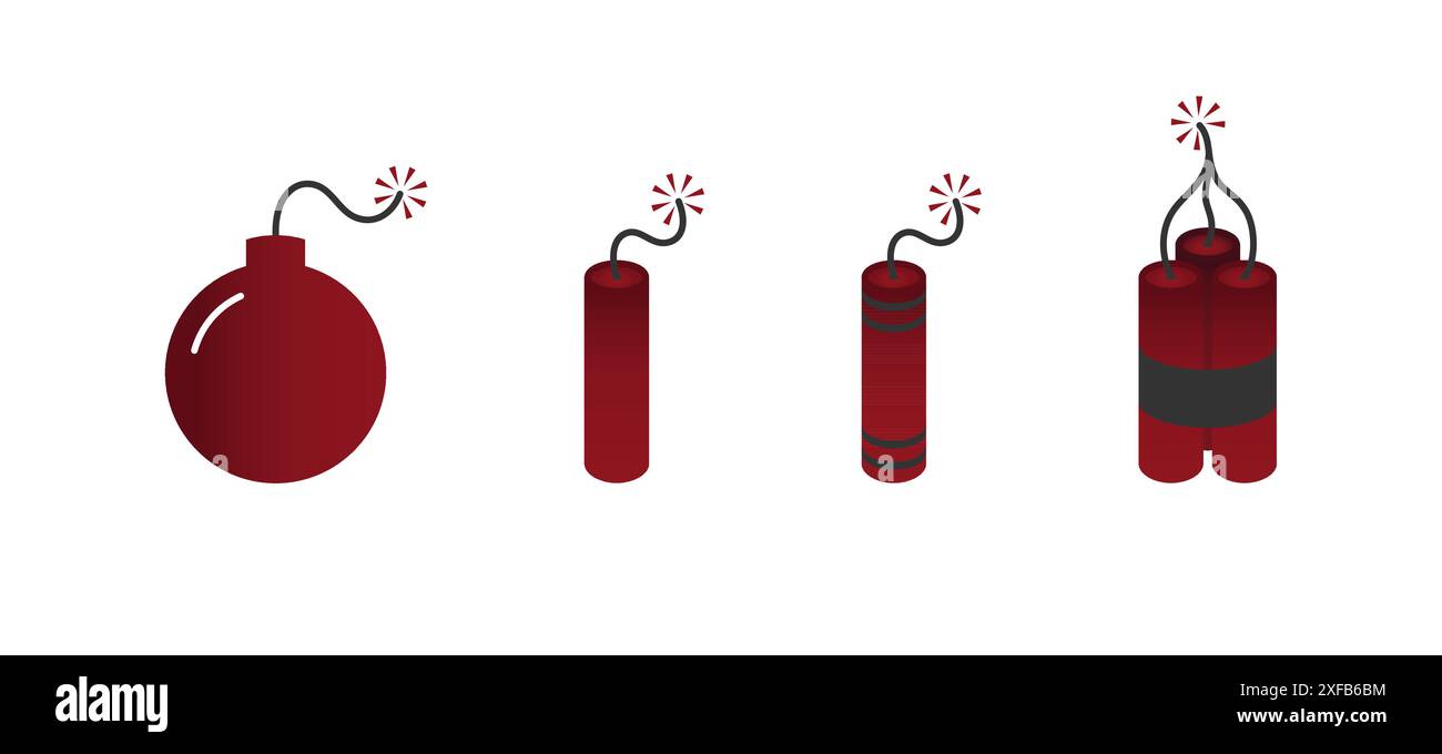 Dynamyte and bomb icon set. Red color. Bomb with lit fuse sign ...