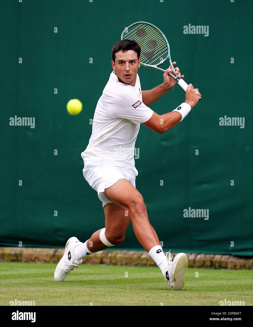 Luciano Darderi in action against Jan Choinski (not pictured) on day ...