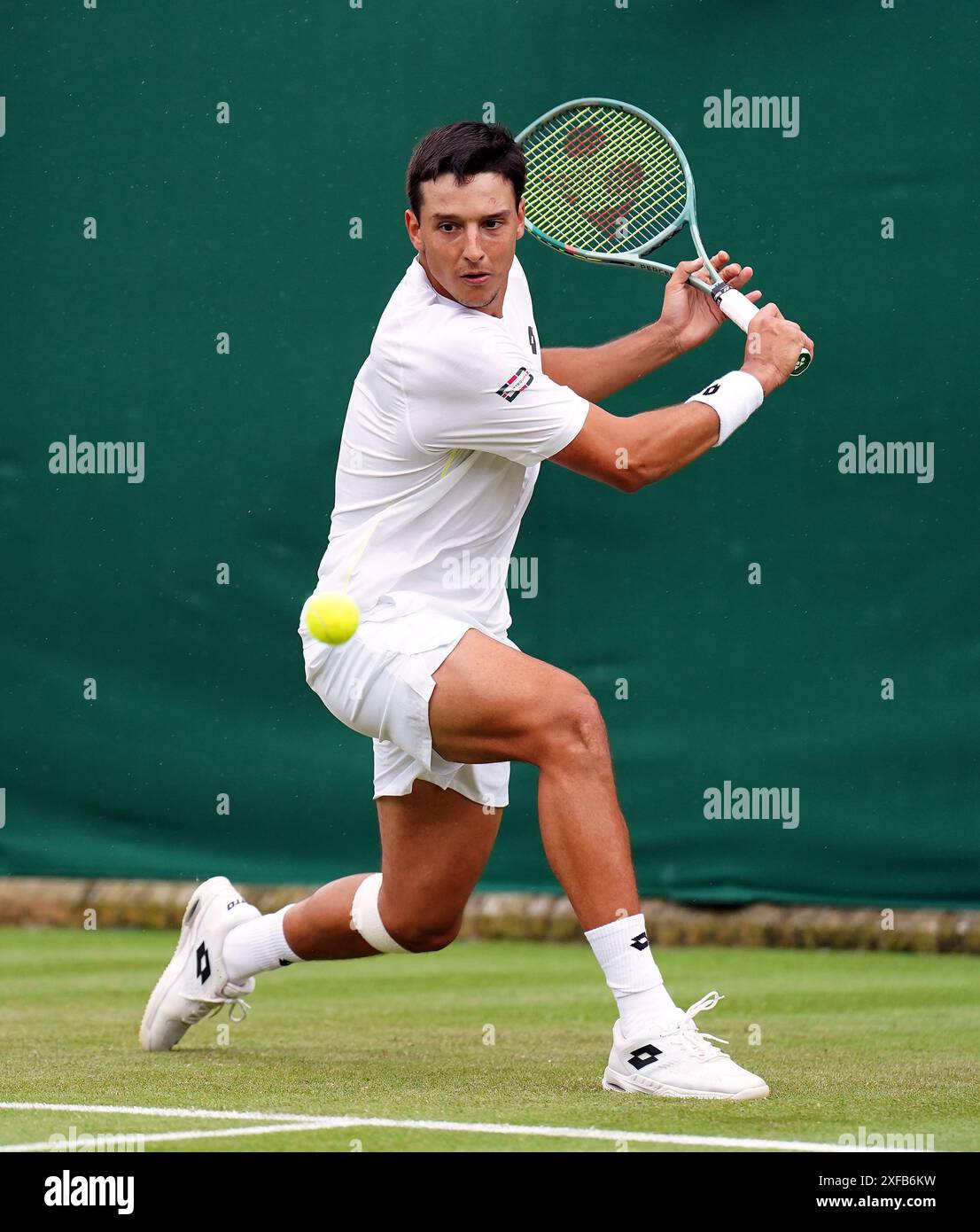Luciano Darderi in action against Jan Choinski (not pictured) on day ...