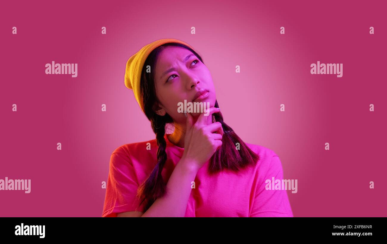 Puzzled face. Choice considering. Interesting offer. Pink color neon ...