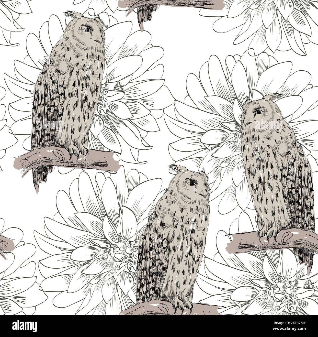 Vector sketch of a owl with flowers. Seamless pattern Stock Vector ...