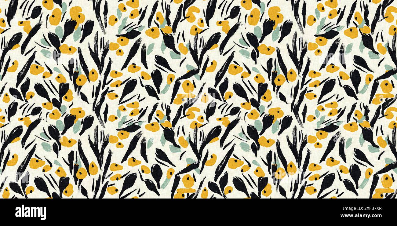Modern printed fabric flower block print pattern with linen texture ...