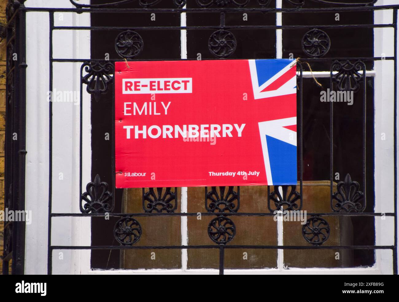 London, UK. 2nd July 2024. A sign in support of Labour MP Emily ...