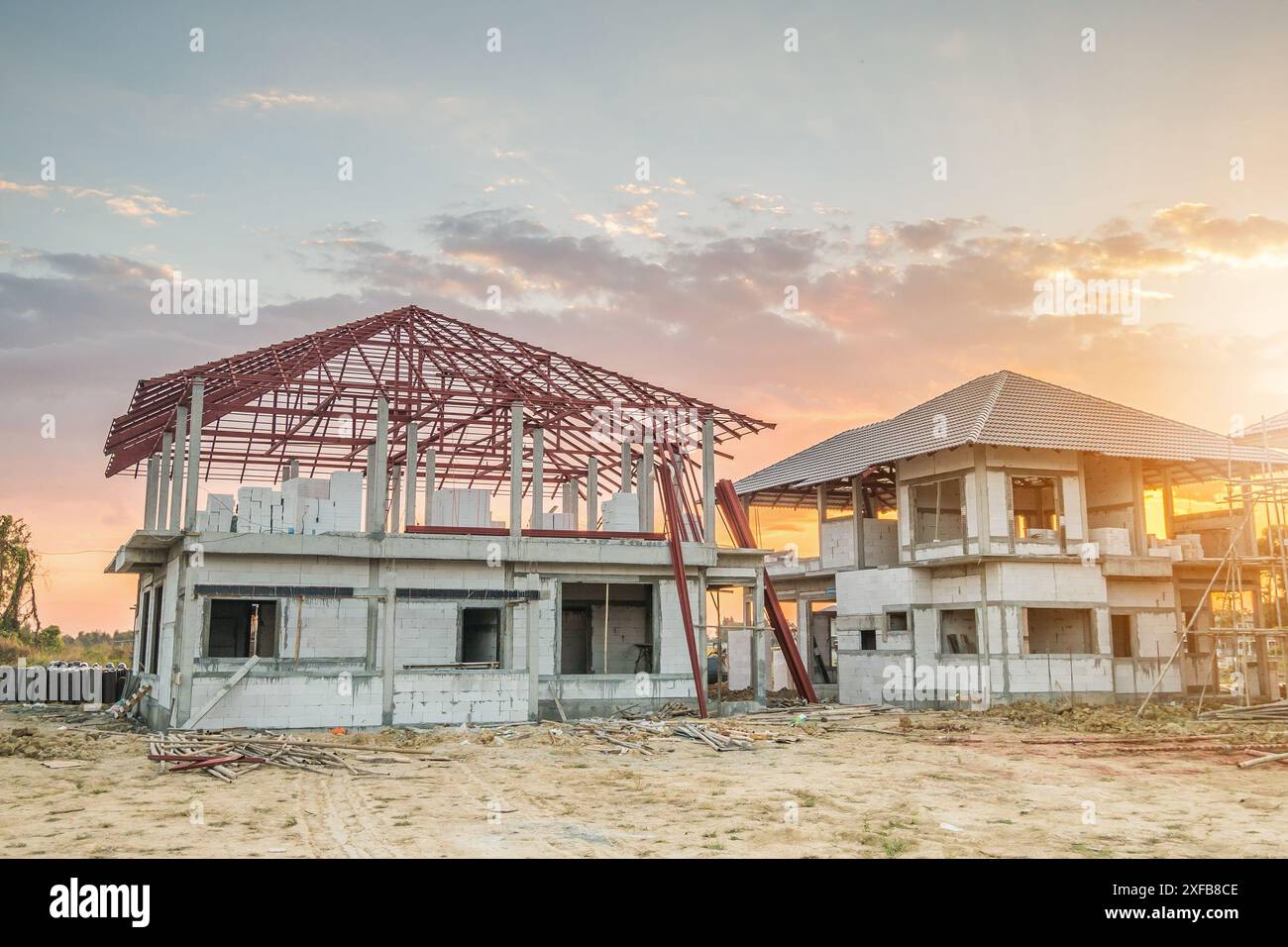 construction residential new house in progress at building site Stock ...