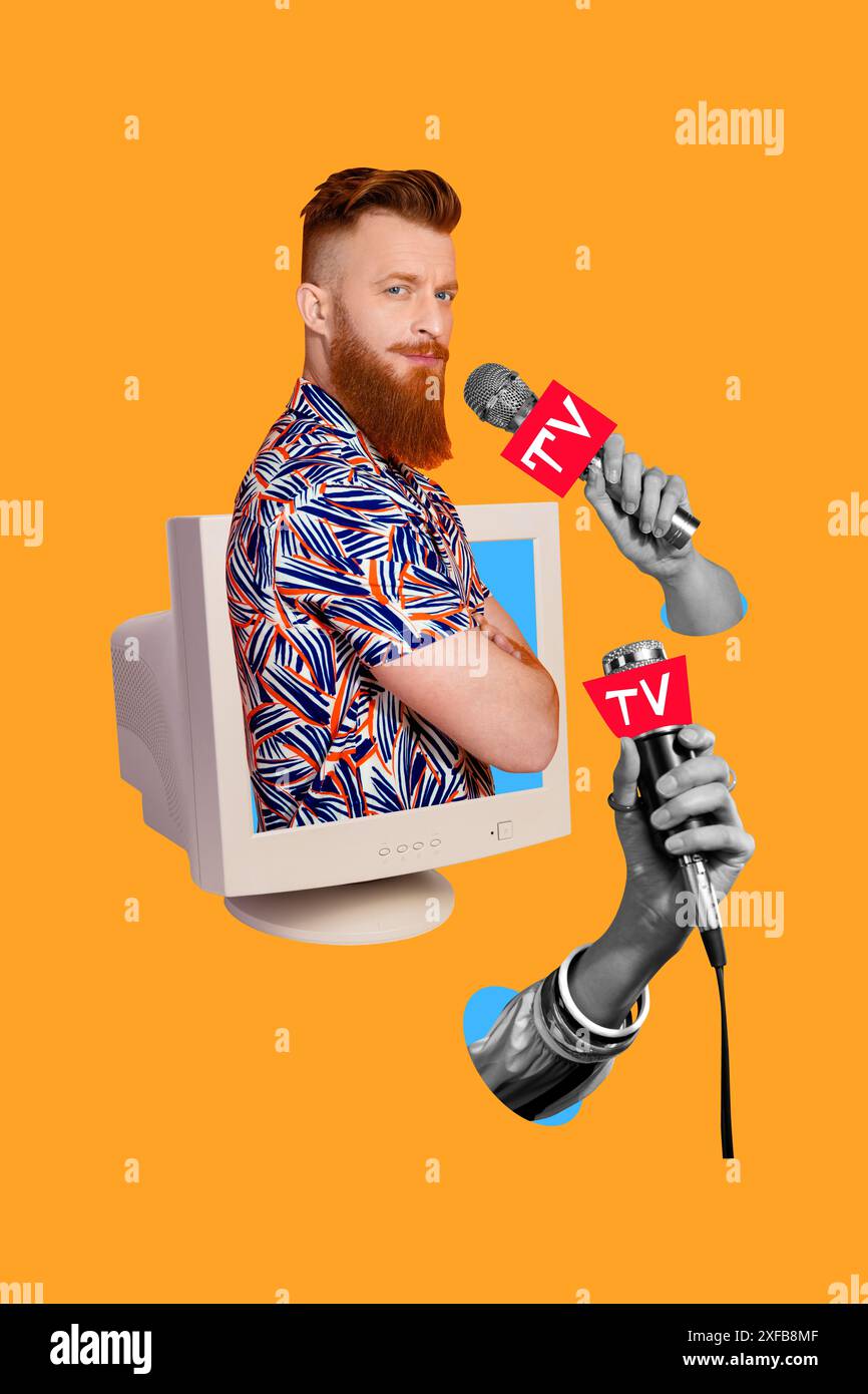 Vertical collage young handsome man model pc screen monitor microphone ...