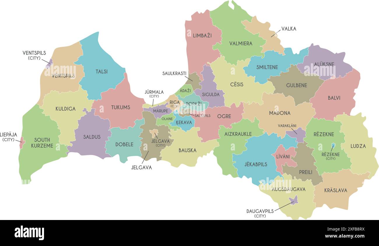 Vector regional map of Latvia with state cities and municipalities, and administrative divisions ...