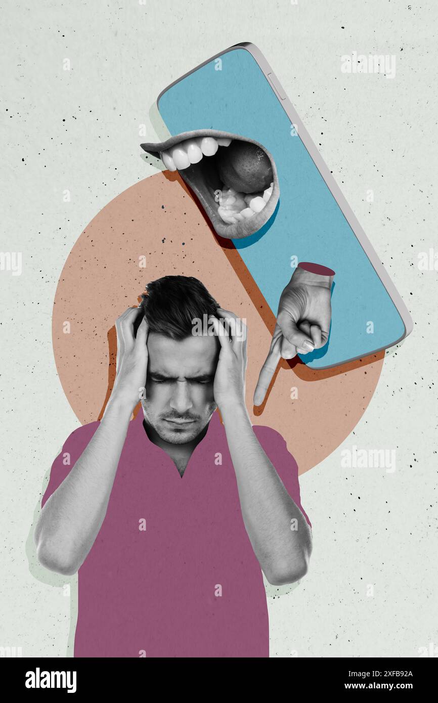 Vertical photo collage of upset man hold head faceless mouth hand blame ...