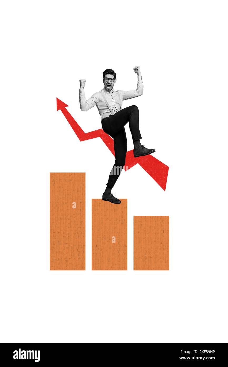 Vertical photo collage of excited businessman stand chart progress ...