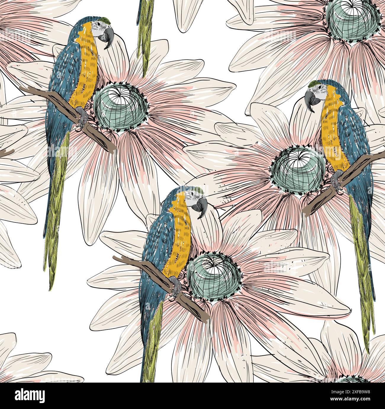 Vector sketch of a parrot with flowers. Hand drawn illustration Stock ...