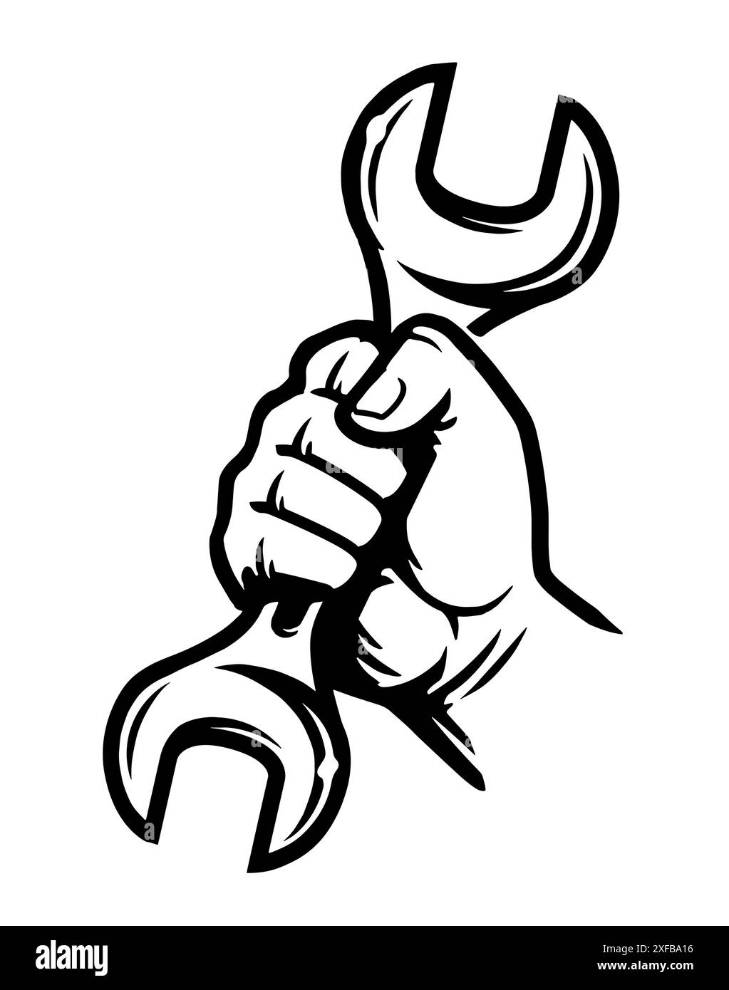 Hand holding wrench tool. Spanner in fist. Home repair, service emblem ...