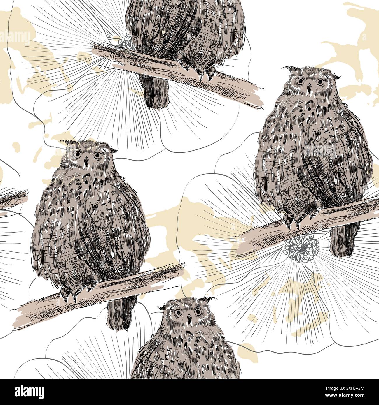 Vector sketch of a owl with flowers. Seamless pattern Stock Vector ...