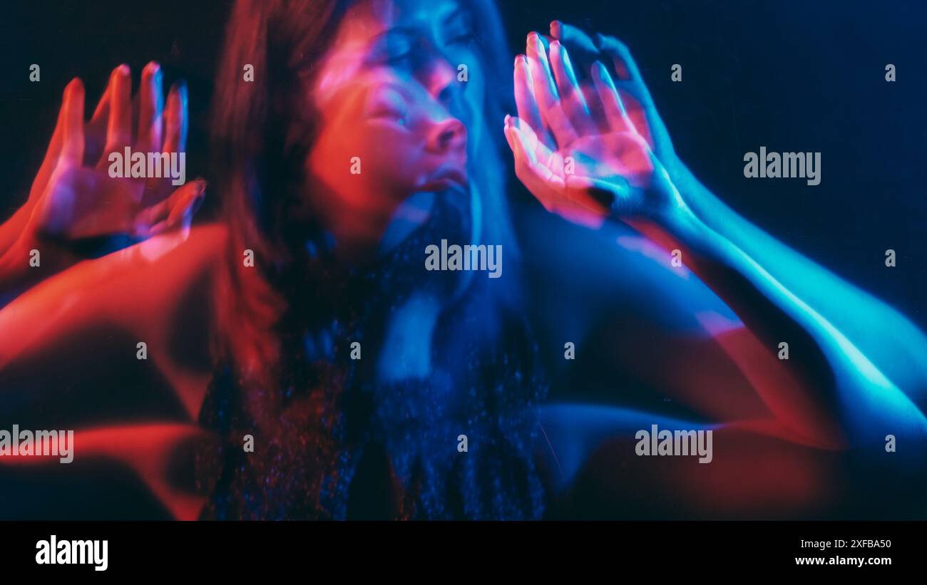 Split personality. Blur silhouette. Distracted delusional woman holding ...