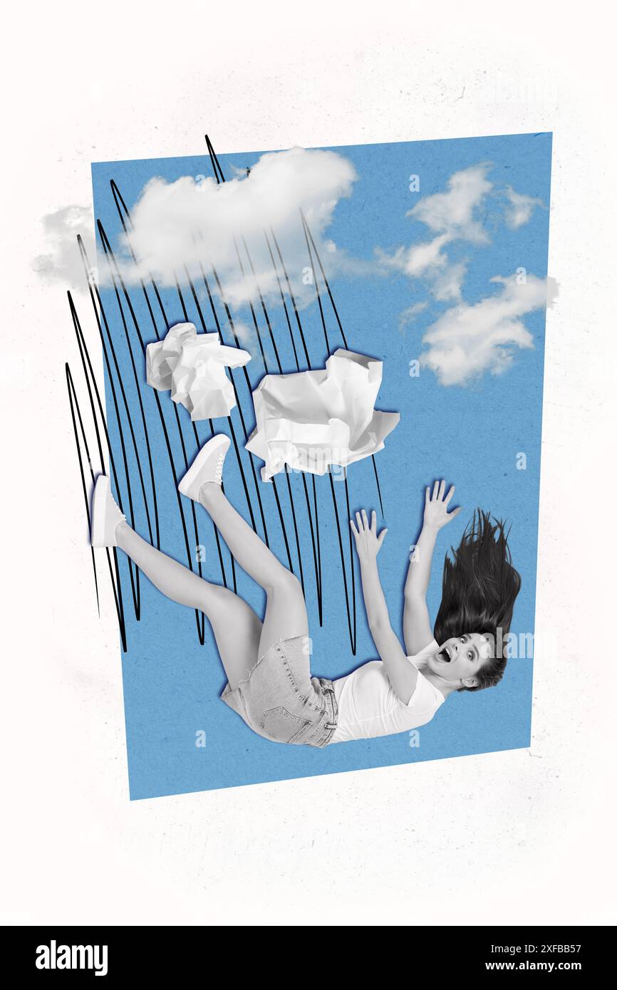 Vertical photo collage of astonished scared girl fly clouds sky typhoon ...