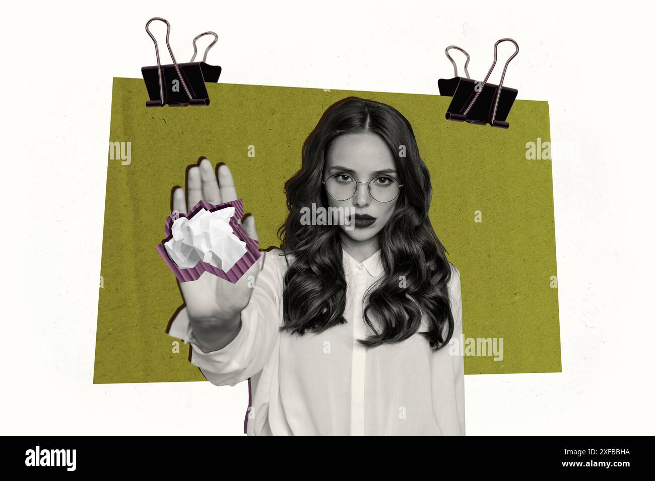 Composite photo collage of serious businesswoman hold crumpled paper ...