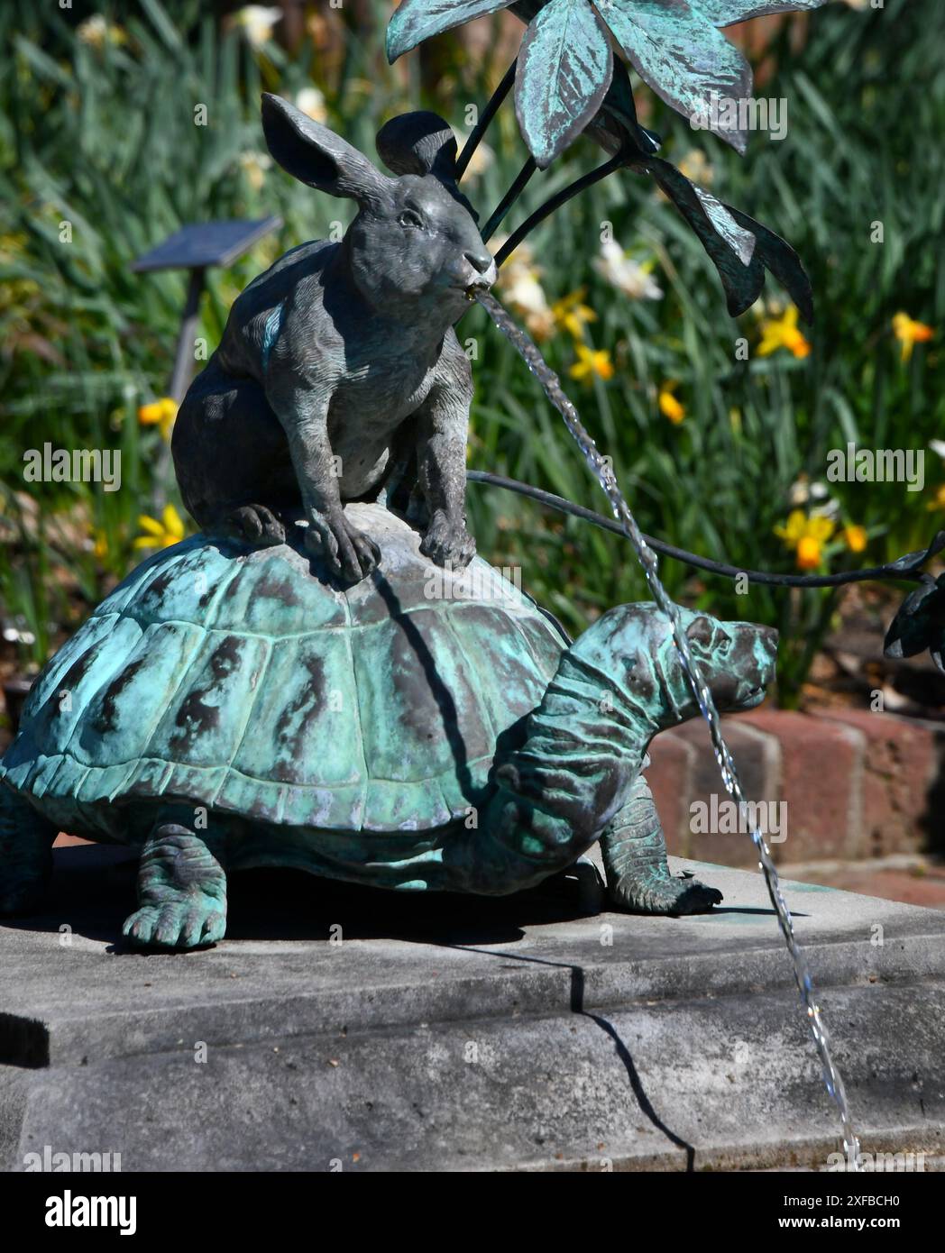 Sculpture, showing the Tortoise and the Hare, is a water fountain ...