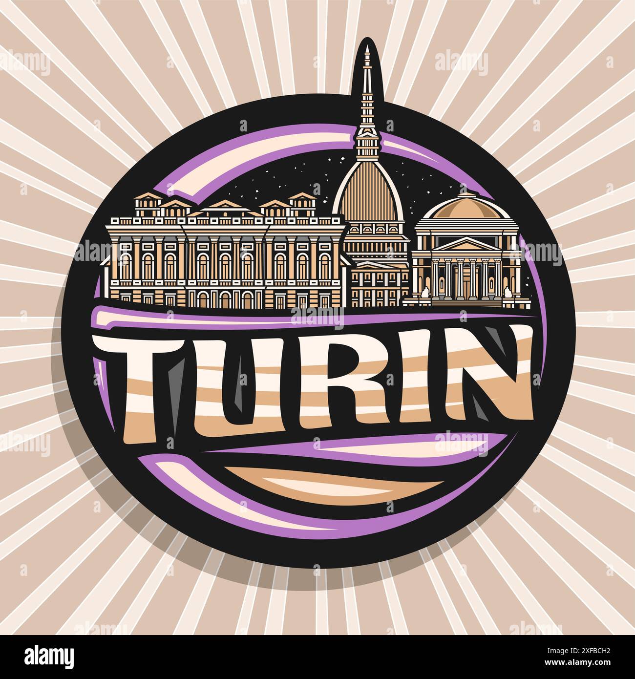 Vector logo for Turin, black decorative label with outline illustration ...